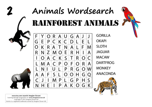 Animals Wordsearch 2 - Rainforest | Teaching Resources