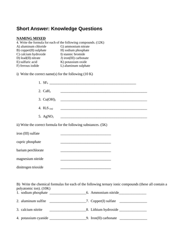 NAMING COMPOUNDS Ionic and Covalent Compounds, Polyatomics Short Answer ...