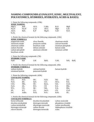 NAMING COVALENT AND IONIC COMPOUNDS Multiple Choice & Short Answer (52 ...