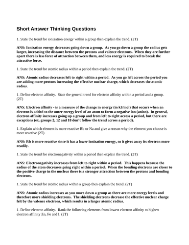 TRENDS IN THE PERIODIC TABLE Short Answer and Multiple Choice Chemistry ...