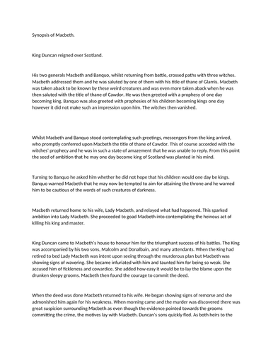 full synopsis of Shakespeare's Macbeth as an introduction to the play ...