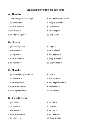 Year 10 and 11- French GCSE Past tense worksheet | Teaching Resources