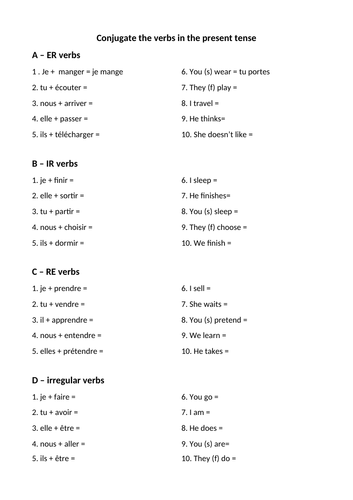Year 10 and 11 - French GCSE Present tense worksheet | Teaching Resources