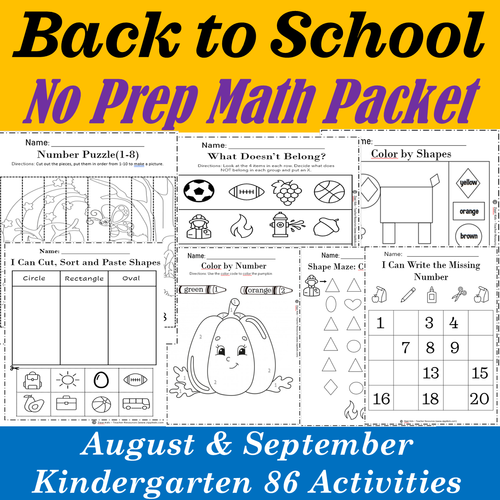 Back to School NO PREP Math Packet (Kindergarten and Preschool) - 86 ...