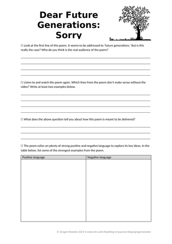 Dear Future Generations: Sorry - Prince Ea - Worksheets | Teaching Resources