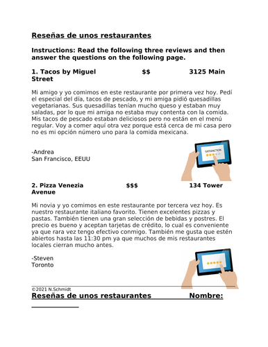 Restaurant Reviews Spanish Reading + Writing Assignment: Reseñas de ...