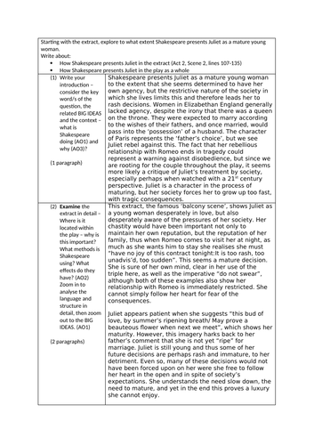 AQA English Literature Romeo and Juliet Example Responses | Teaching ...
