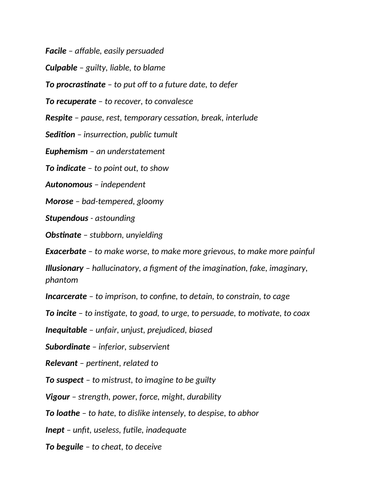English Language GCSE Ambitious Vocabulary with synonymous words and ...