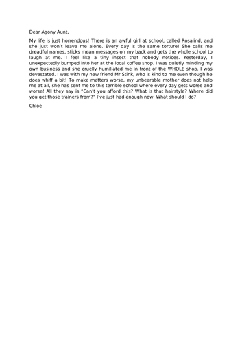 Example text - WAGOLL - Agony Aunt letter and response - Mr Stink ...