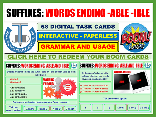 SUFFIXES - WORDS ENDING -ABLE AND -IBLE: 58 BOOM CARDS | Teaching Resources