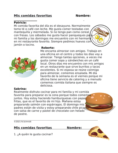 Mis comidas favoritas Lectura: Spanish Food Reading (Breakfast/Lunch ...
