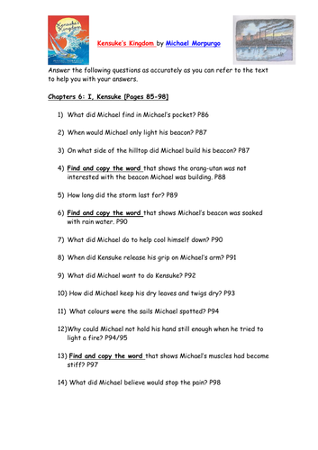 Kensuke's Kingdom Comprehension [Chapter 6] | Teaching Resources