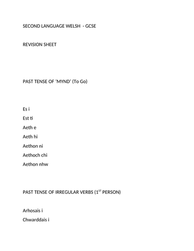 Second Language Welsh GCSE revision sheet- vocabulary; verbs; mutations ...