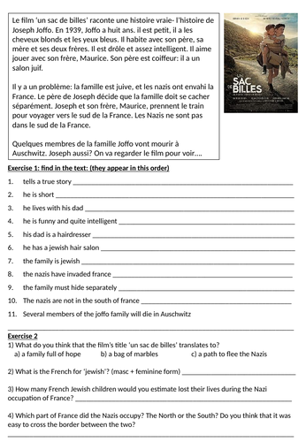 Un sac de billes key stage 3 introductory worksheet for film | Teaching ...