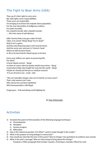 The Fight to Bear Arms - Protest Poetry | Teaching Resources