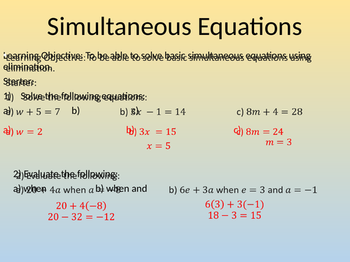 Simultaneous Equations - Elimination lessons | Teaching Resources Simultaneous Equations - Elimination lessons | Teaching Resources