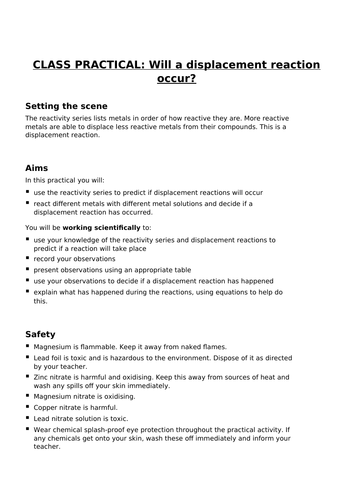 Metal displacement reactions KS3 Activate Science | Teaching Resources