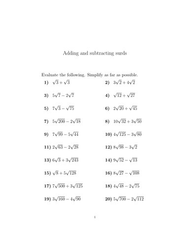 Adding and subtracting surds worksheet (with answers) | Teaching Resources
