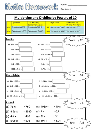Multiplying and Dividing by Powers of 10 Homework | Teaching Resources