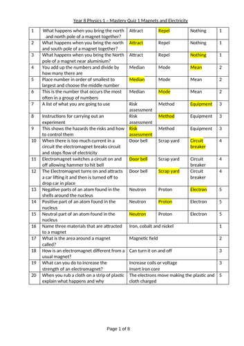 Year 8 Science Mastery Quizzes, answers and next steps | Teaching Resources