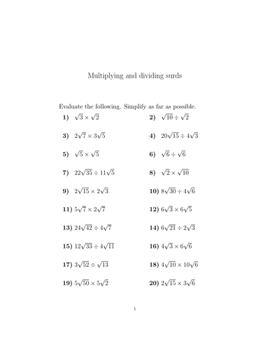 Multiplying and dividing surds worksheet (with answers) | Teaching ...