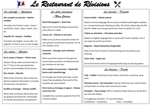 GCSE French menu-style revision/summer worksheet | Teaching Resources