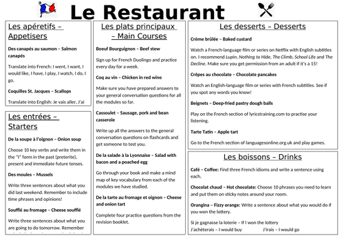 GCSE French menu-style revision/summer worksheet | Teaching Resources