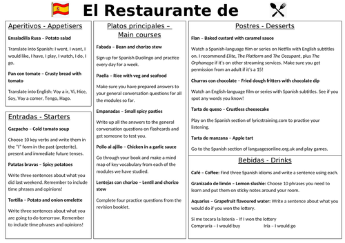 GCSE Spanish menu-style revision/summer worksheet | Teaching Resources