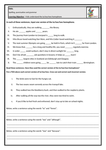 homophones SPAG to too two worksheet grammar | Teaching Resources