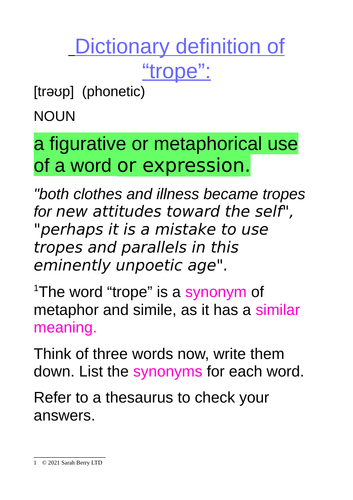 Definition of "trope" and synonym task | Teaching Resources