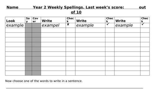Spelling Homework record sheet LOOK COVER WRITE CHECK | Teaching Resources