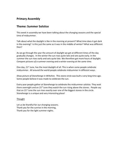 Primary assembly plan summer solstice | Teaching Resources