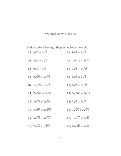 Operations with surds worksheet (with answers) | Teaching Resources