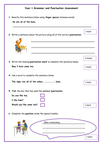 Year One SPaG assessment based on The Tiger Who Came to Tea punctuation ...