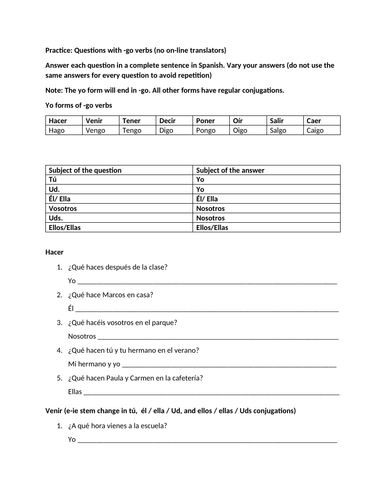 Practice go verbs present tense | Teaching Resources