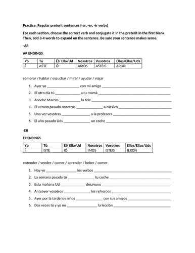 Practice regular preterit sentences | Teaching Resources