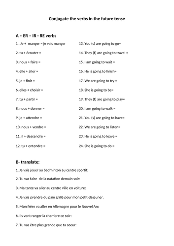 Year 10-11 French Near Future Tense Worksheet | Teaching Resources