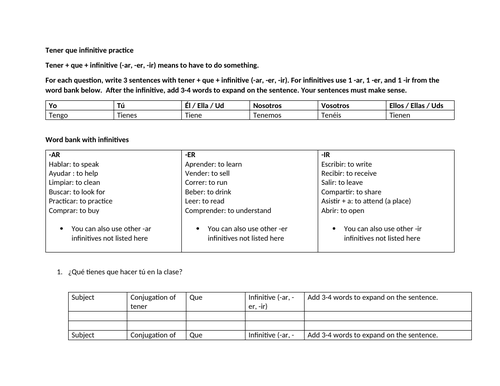 Tener que infinitive sentence practice | Teaching Resources