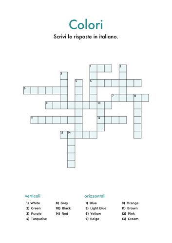 Colori Italian Colours Crossword | Teaching Resources