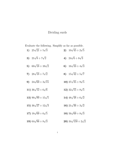 Dividing surds worksheet (with answers) | Teaching Resources