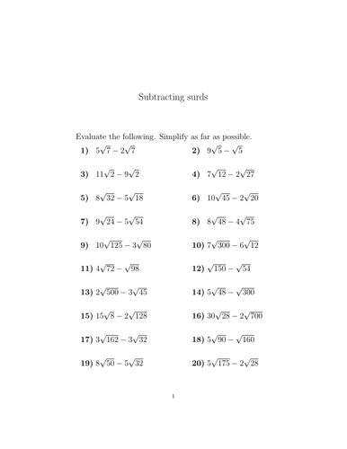 Subtracting surds worksheet (with answers) | Teaching Resources