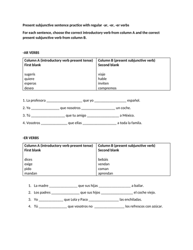 Subjunctive sentences introductory practice | Teaching Resources