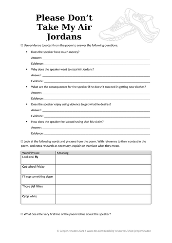 Please Don't Take My Air Jordans - Reg E. Gaines - Worksheets ...