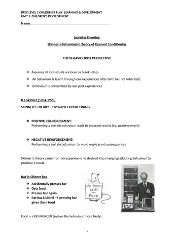 BF Skinner operant conditioning lesson handout (CPLD L3 Unit 1 ...
