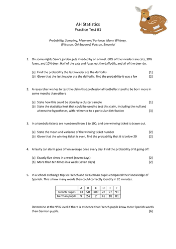 AH Statistics - Practice Tests | Teaching Resources