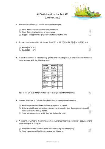 AH Statistics - Practice Tests | Teaching Resources