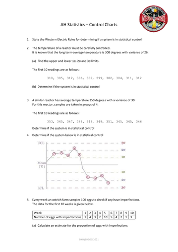 AH Statistics - Control Charts Questions | Teaching Resources