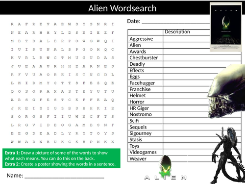 Alien Movie Wordsearch Puzzle Sheet Keywords Film Media Studies ...