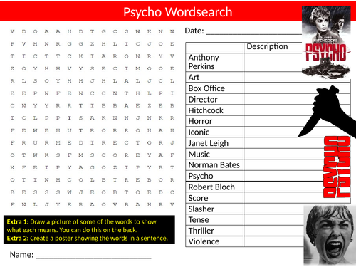 Psycho Movie Wordsearch Puzzle Sheet Keywords Film Media Studies ...