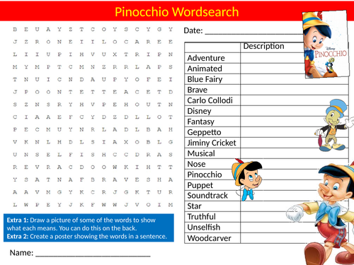 Pinocchio Movie Wordsearch Puzzle Sheet Keywords Film Media Studies ...